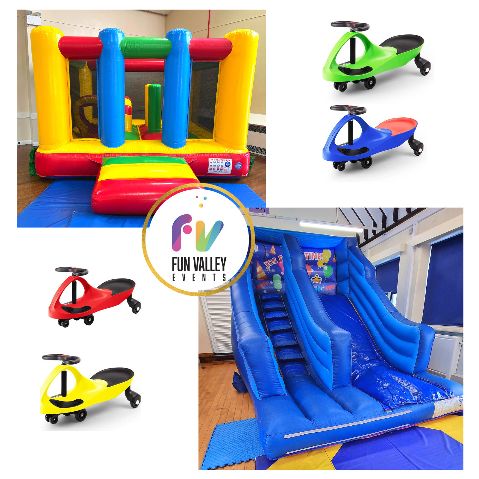 21. Activity Castle, 6ft Platform Inflatable Slide and 4 Wiggle Cars ...
