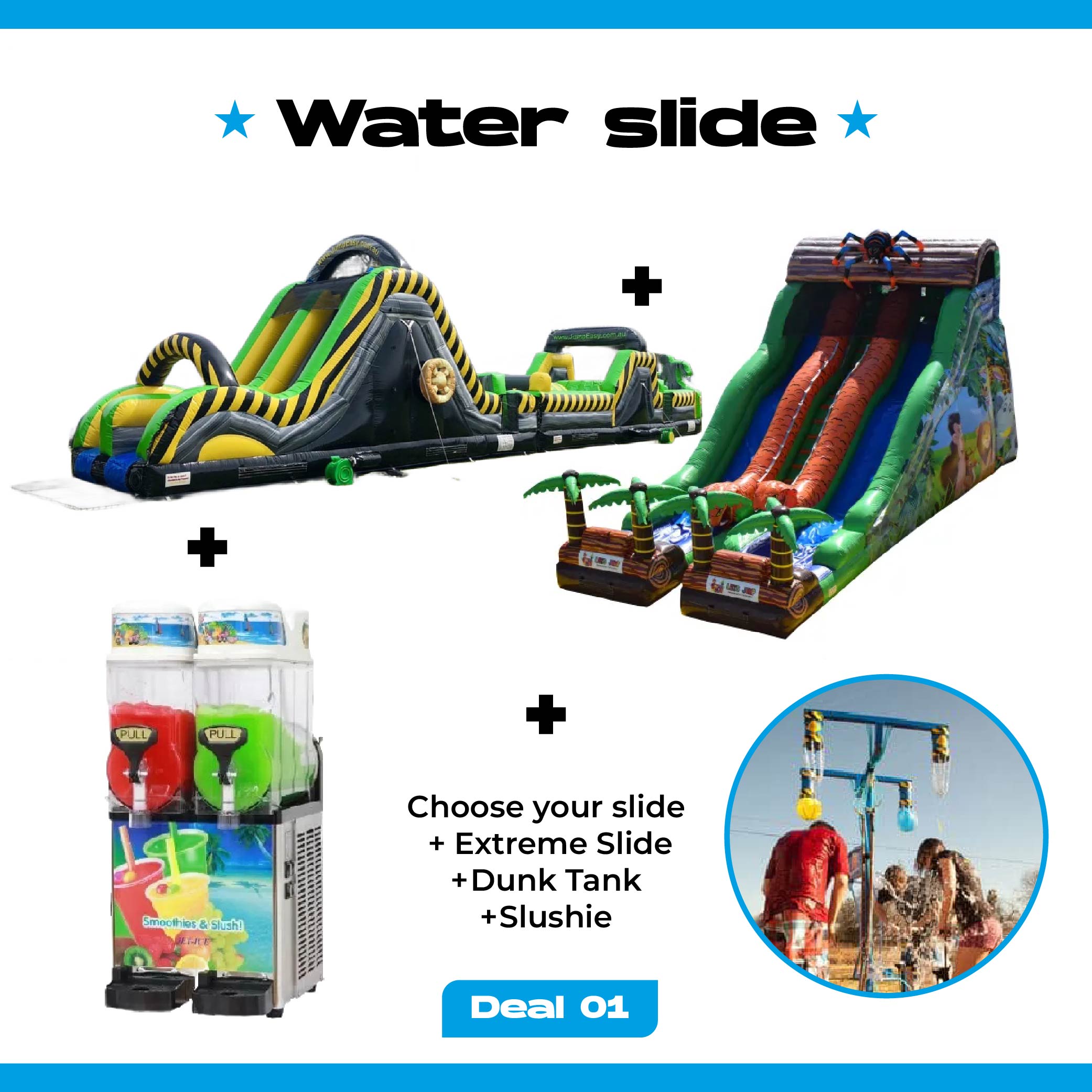 Water Slide Day Deal 1 – Dunk Tank, Water Slide, Obstacle & Slushie