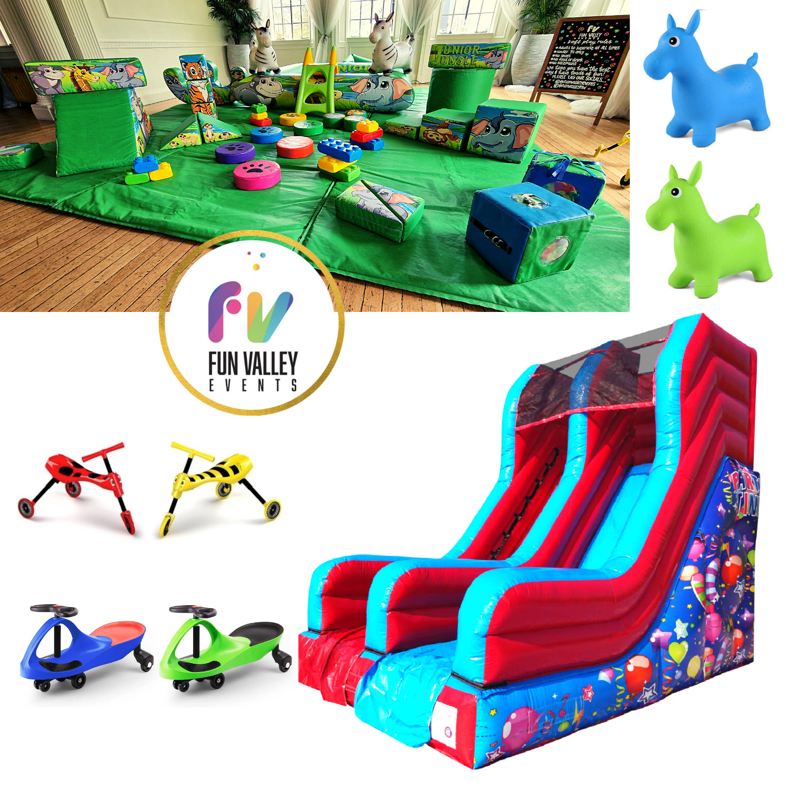 52. 8ft Platform Inflatable Slide, 15ft x 15ft Jungle Themed Soft Play Soft Play, 2 Wiggle Cars ...