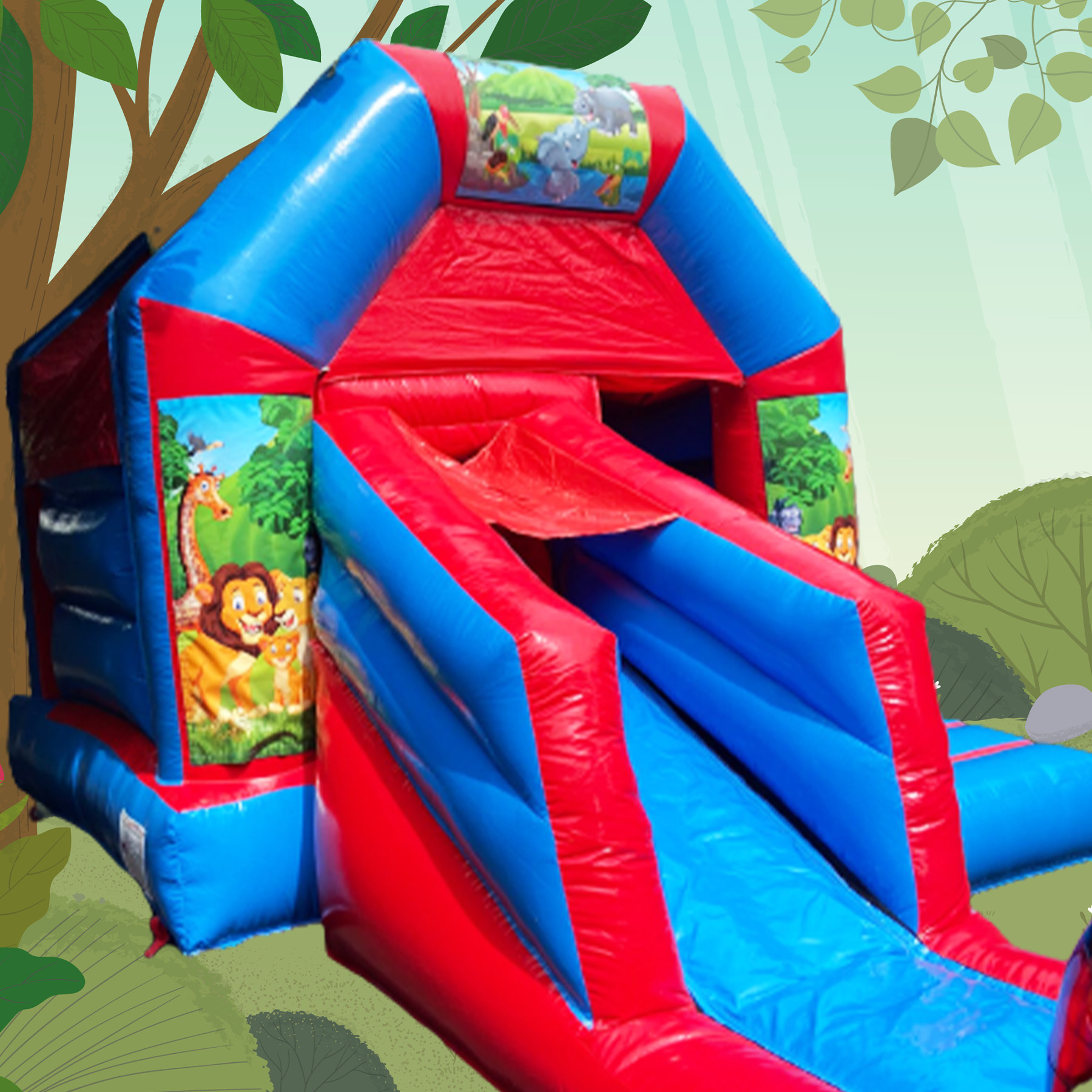 Jungle Red and Blue Castle with Front Slide - Hire in Staffordshire ...