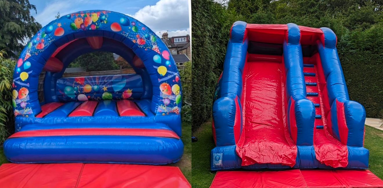 Red & Blue Party Curved Castle & 8ft Platform Slide - Hire in Hersham ...