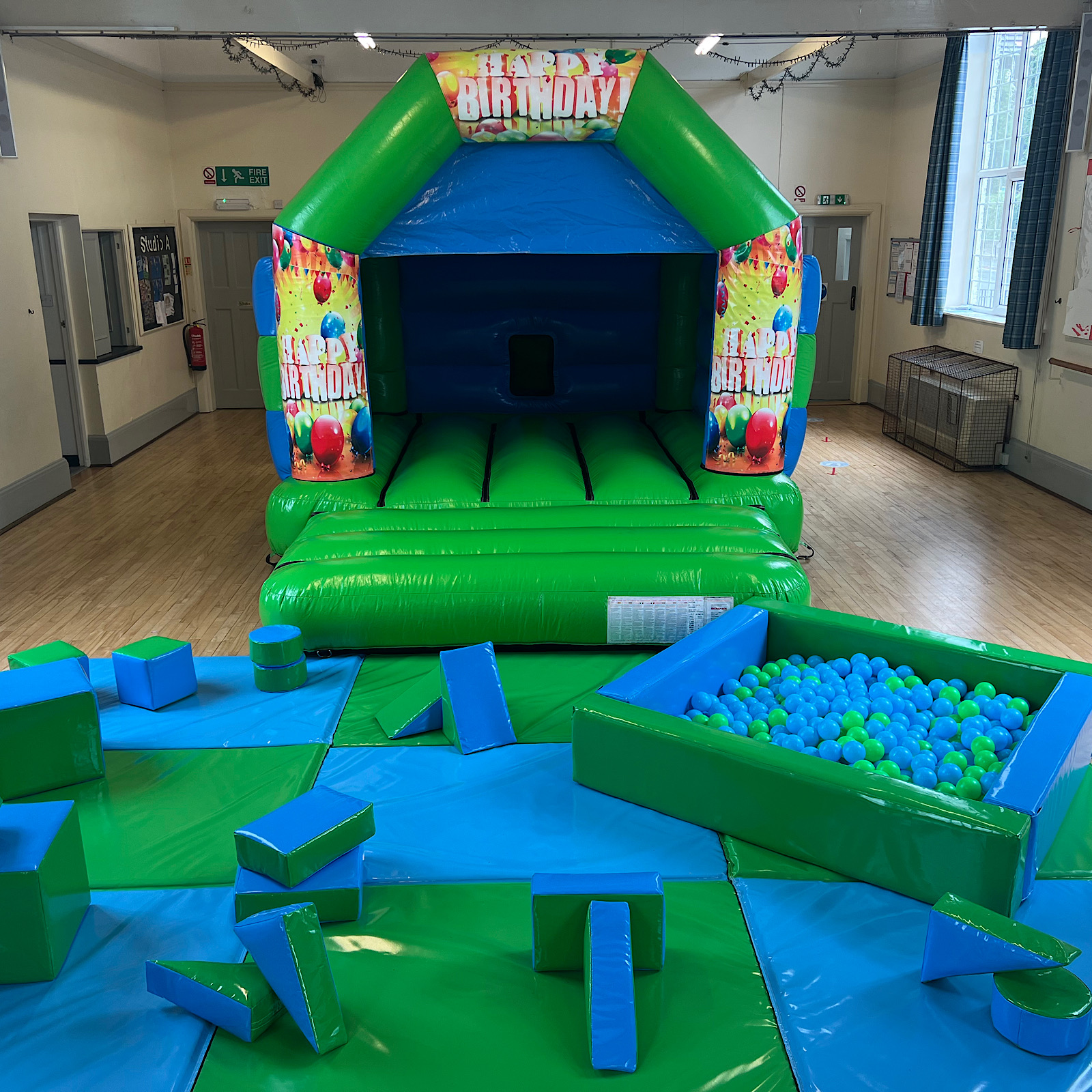 Happy Birthday Soft Play Bouncy Castle Package - Green / Light Blue ...