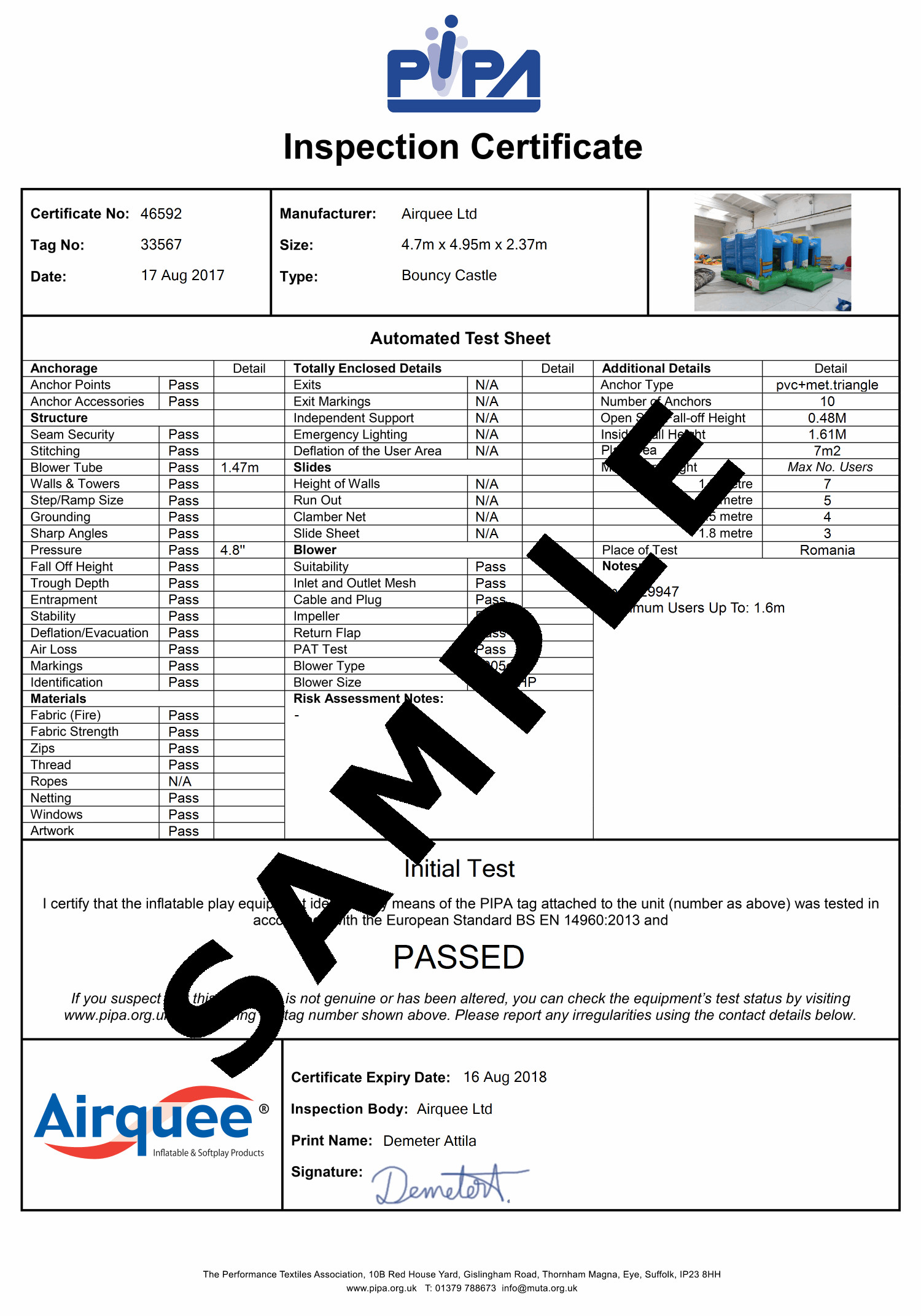 Pipa Certificate - Bouncy Castle Hire Coventry and Rugby in Coventry ...