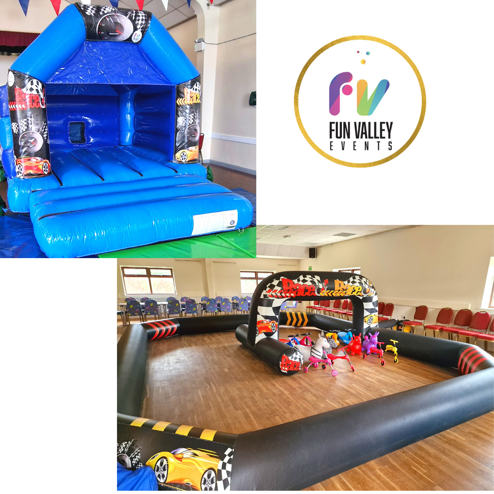 30. Bouncy Castle and Inflatable Race Track (4 Wiggle Cars, 4 Hoppers ...