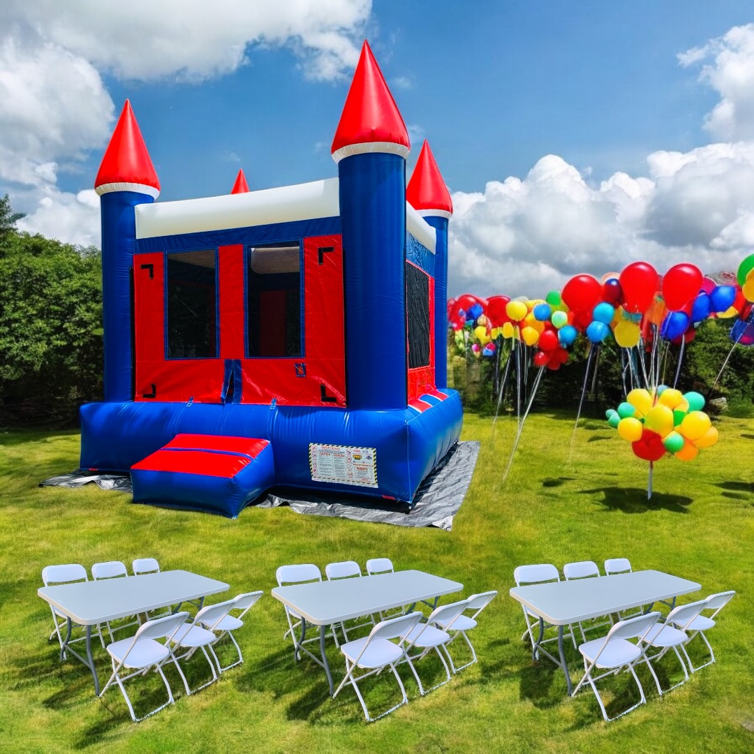Package: Red/Blue Castle + 3 Tables + 18 Chairs - Hire in Texas ...