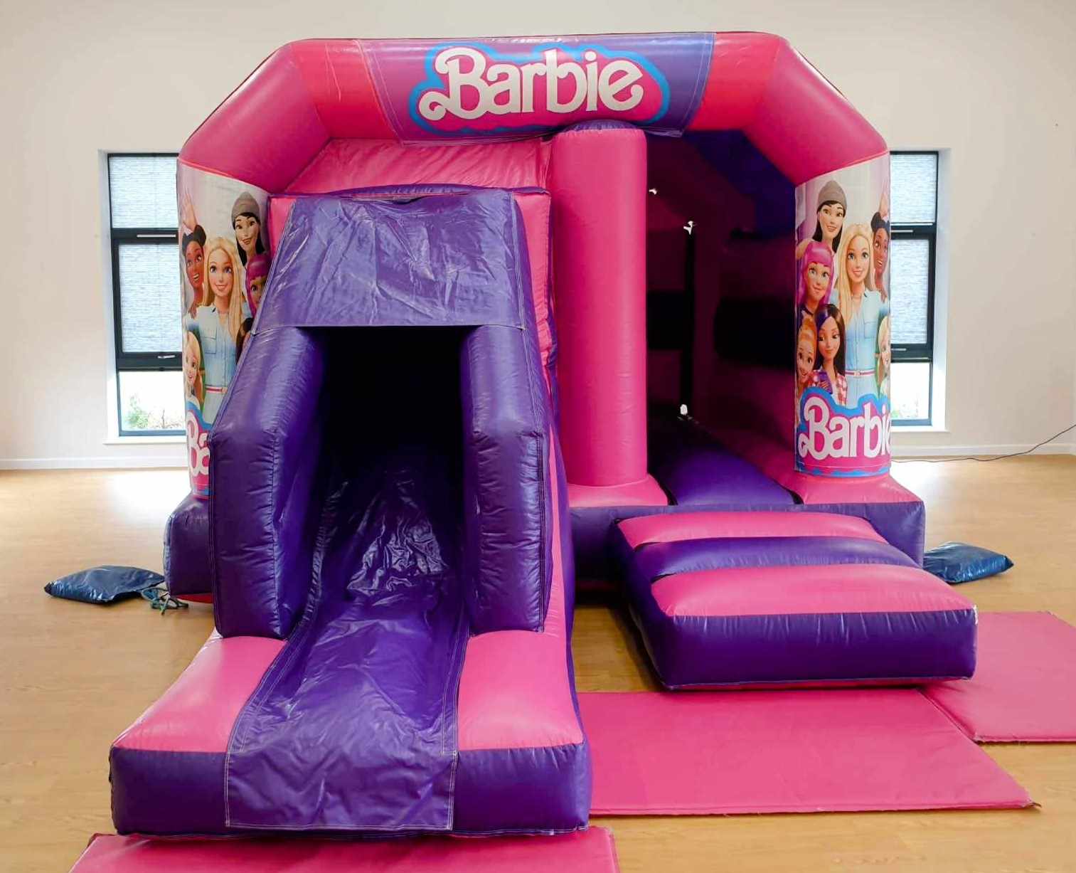 Pink/Purple Barbie Bouncy Castle with Front Slide - Bouncy Castle Hire ...