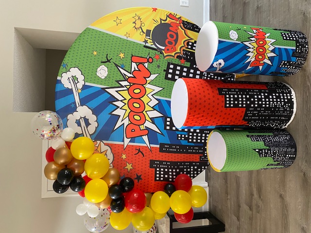 Super Hero Backdrop with Garland and Pedestals - Bounce Houses and ...