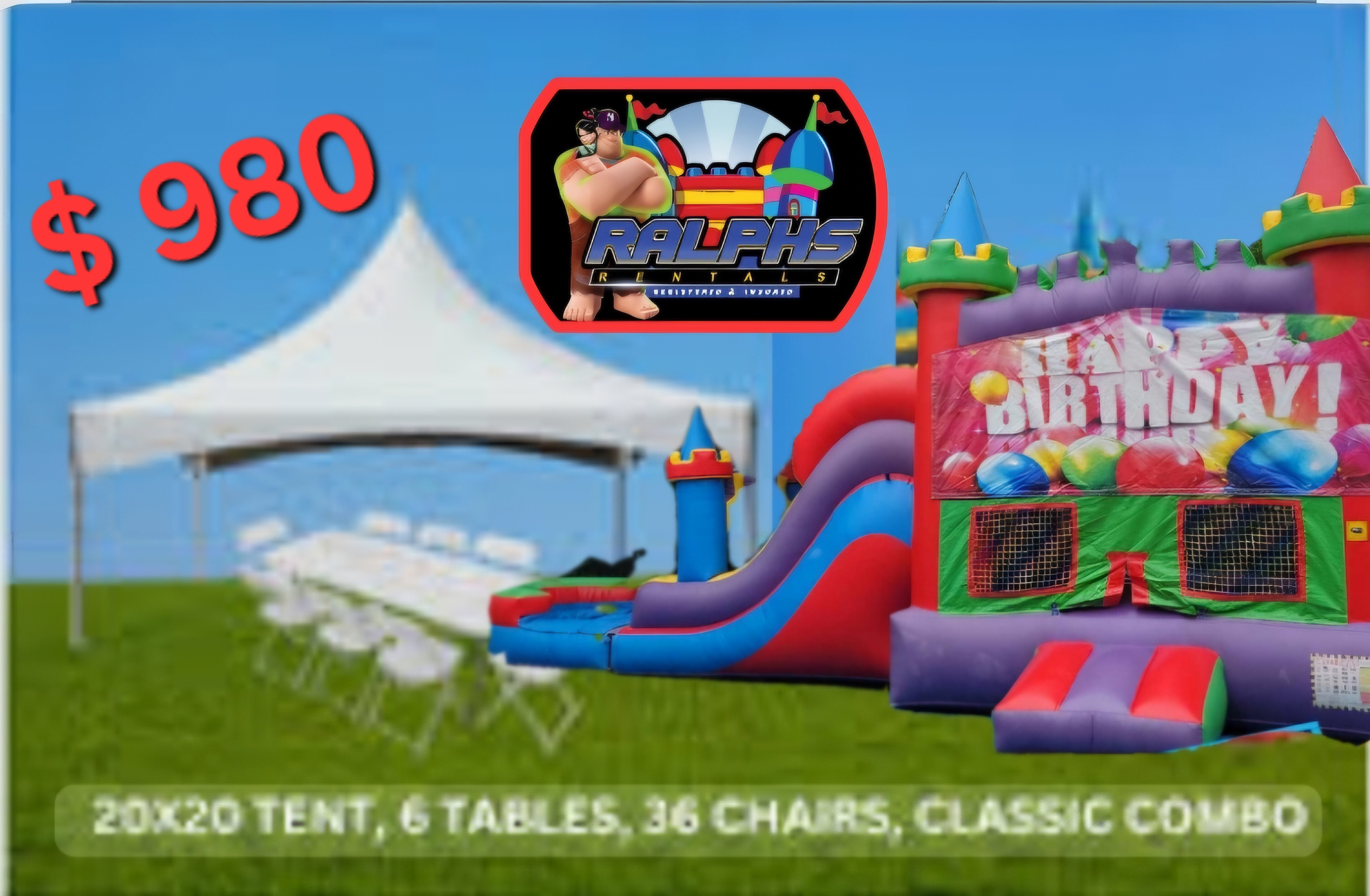 Combo Bounce house (with slide) + 20x20 Tent + 36 Chairs 6 Rectangular ...