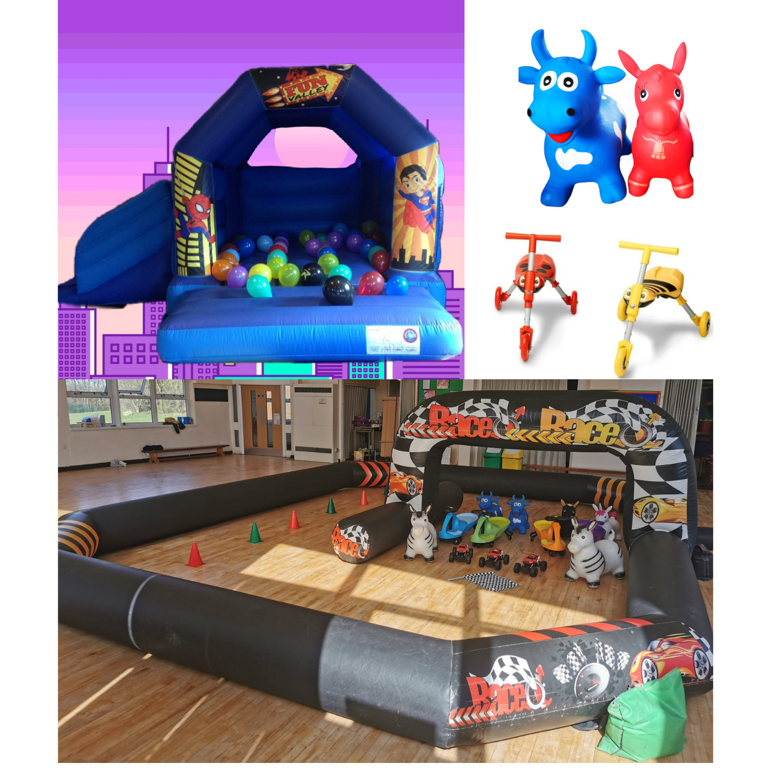 31. Bouncy Castle with slide and Inflatable Race Track (4 Wiggle Cars ...