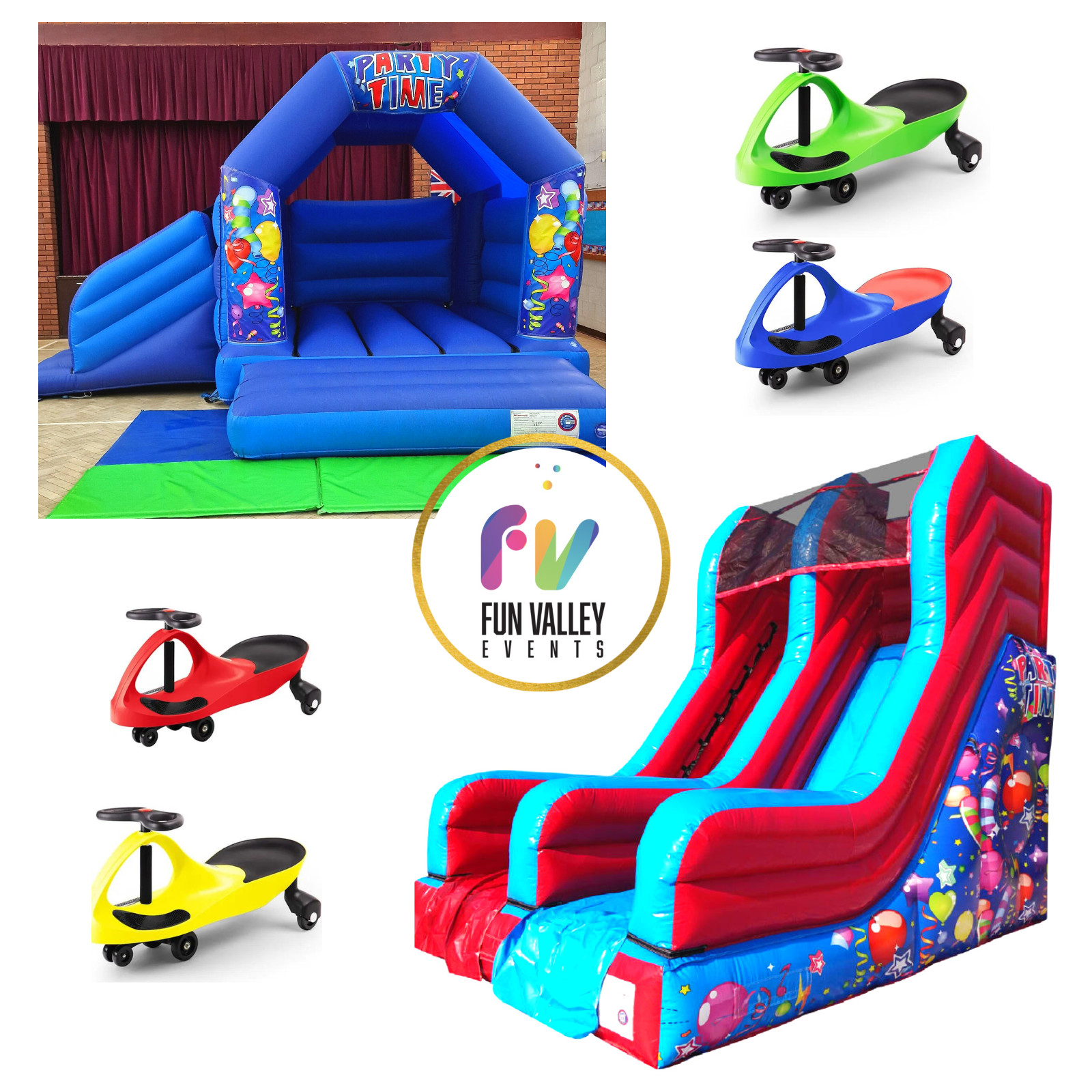 27. Bouncy Castle with Slide, Inflatable 8ft Platform Slide and 4 Wiggle Cars - Hire in Preston ...