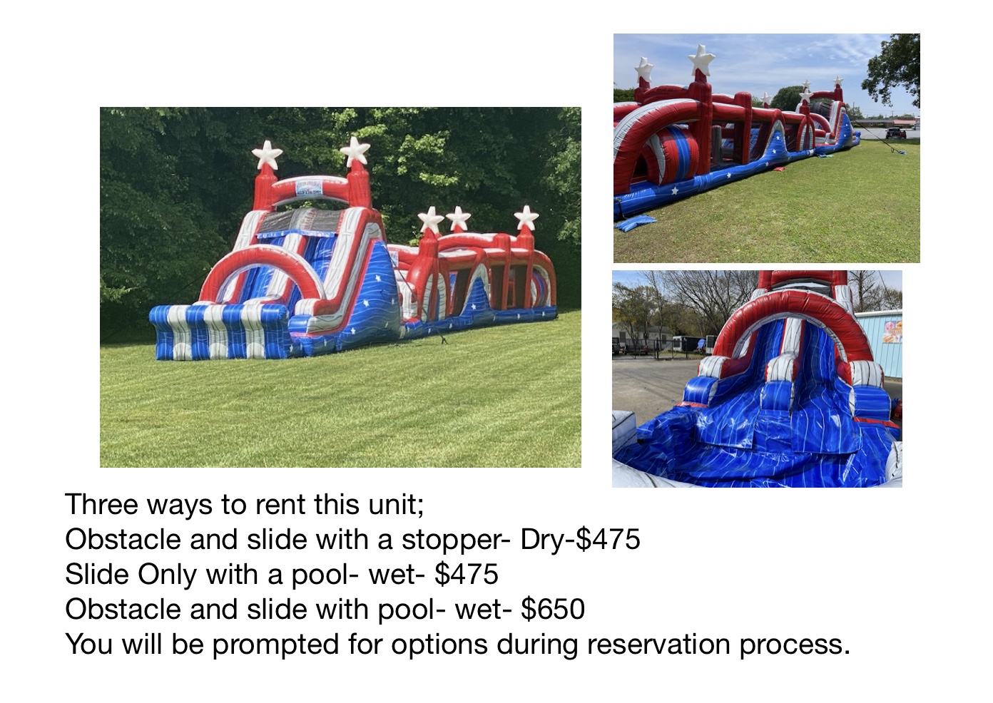 73 foot Patriotic obstacle run/ water slide - Rent in South Carolina ...