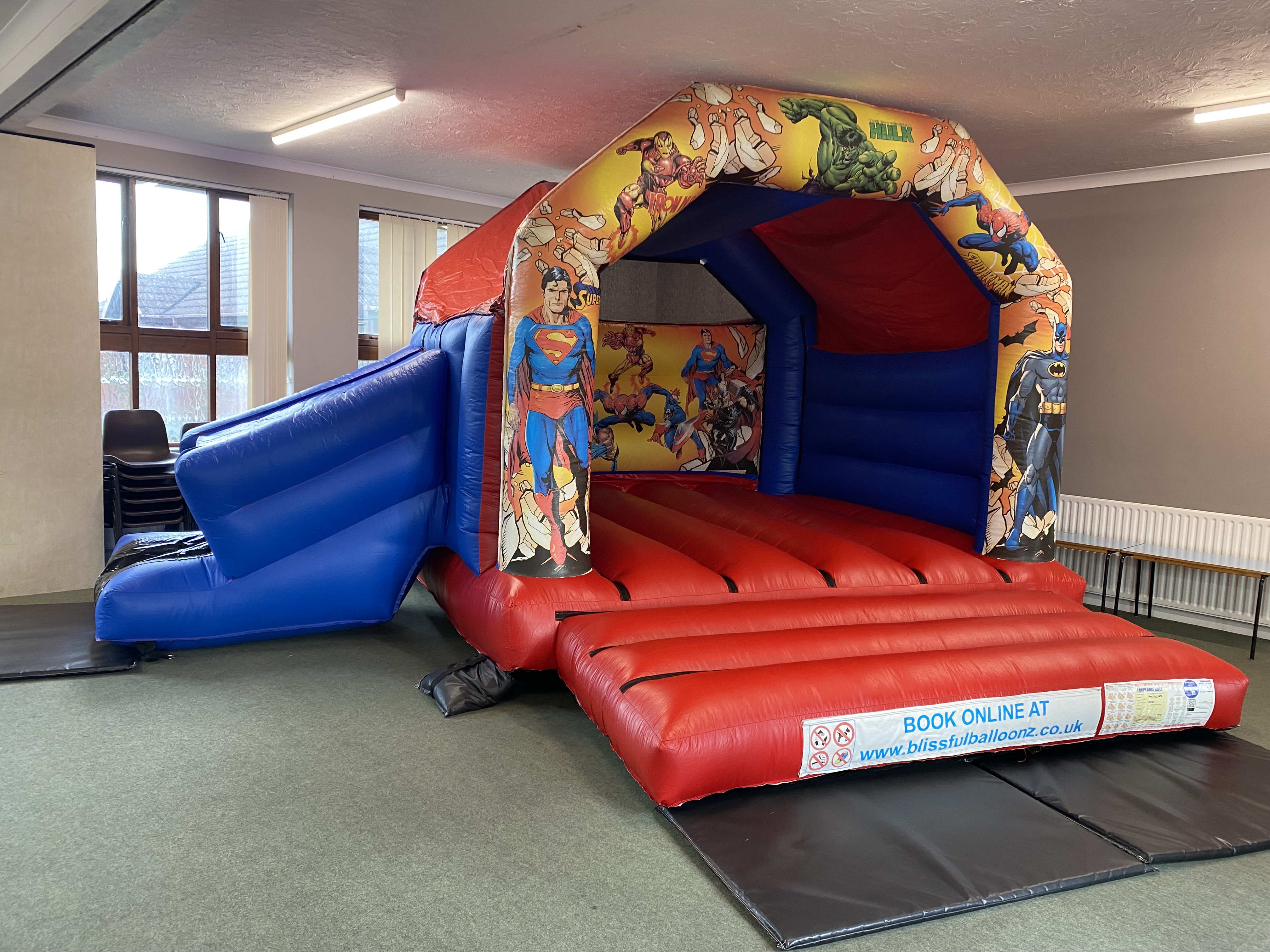 Super Hero Bouncy Castle with Slide - Hire, Balloon Displays, Bouncy ...